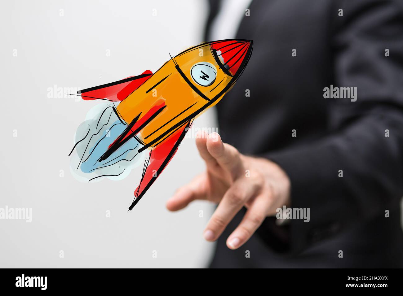 3D rendering of a man pointing at a space rocket icon Stock Photo - Alamy