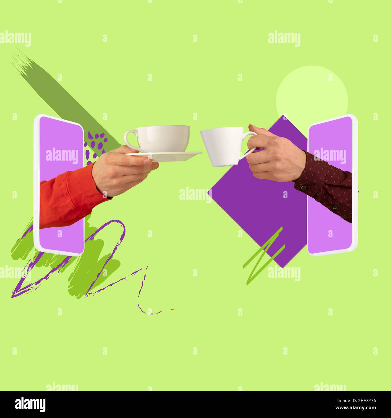 Contemporary art collage. Two hands sticking out phone screen and ...