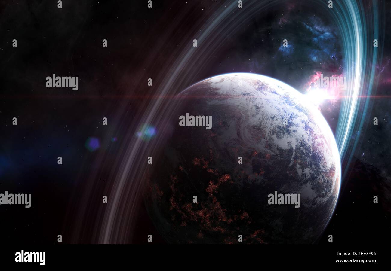 Beautiful space landscape. Inhabited deep space planet at star rise ...