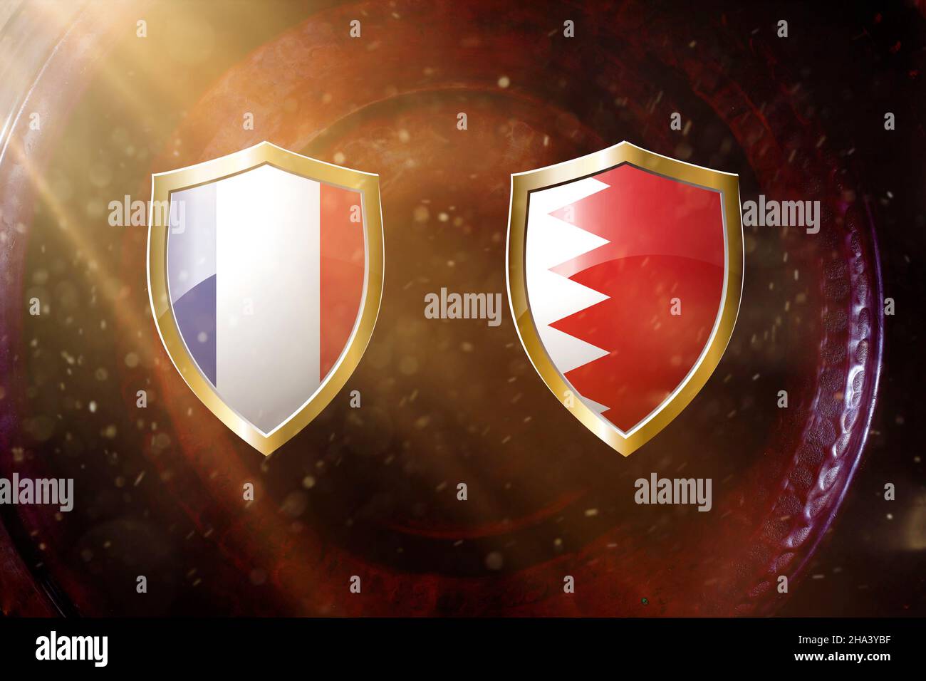 france and Bahrain flag in golden shield on copper texture background ...