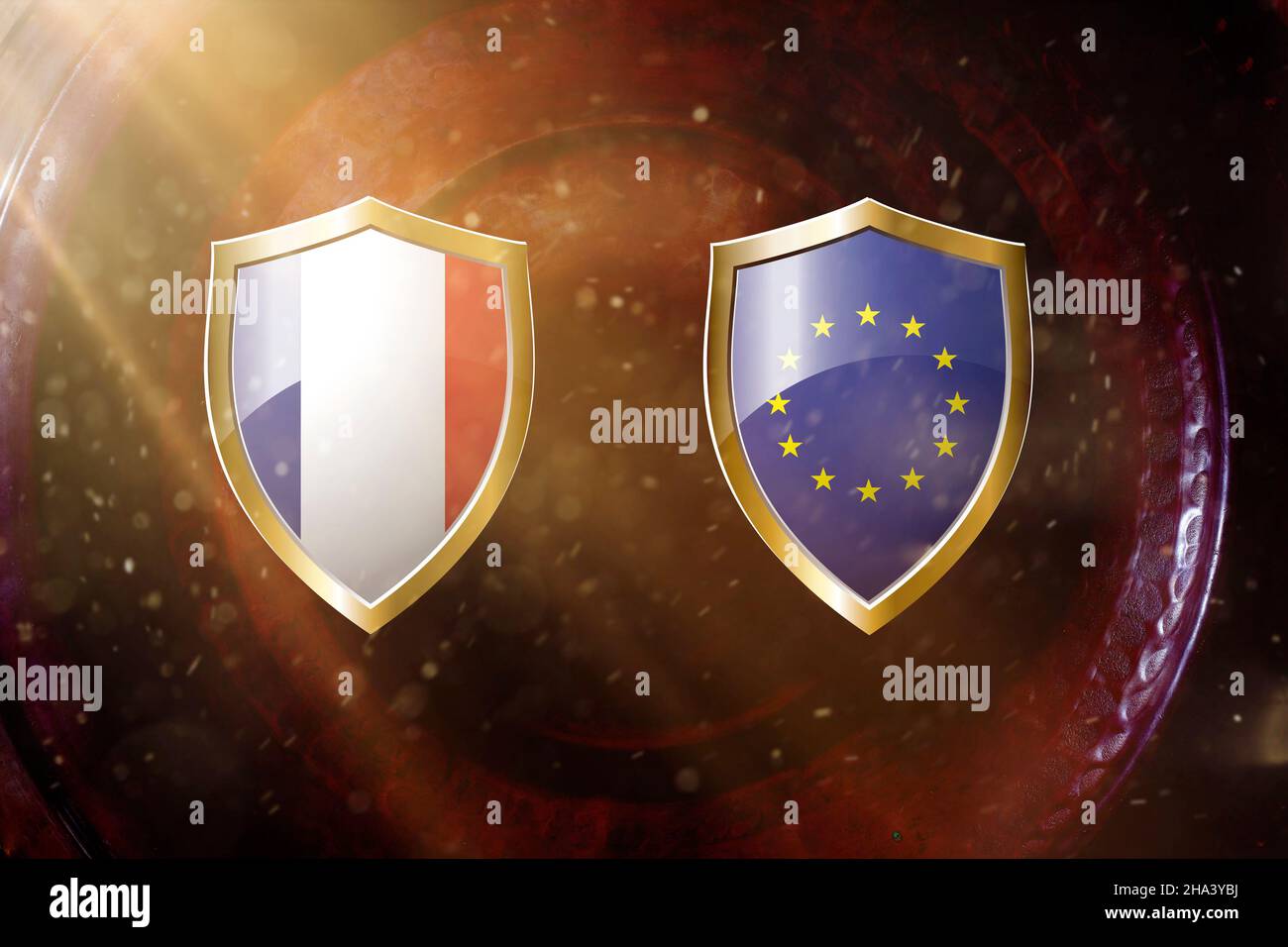 france and European Union flag in golden shield on copper texture ...