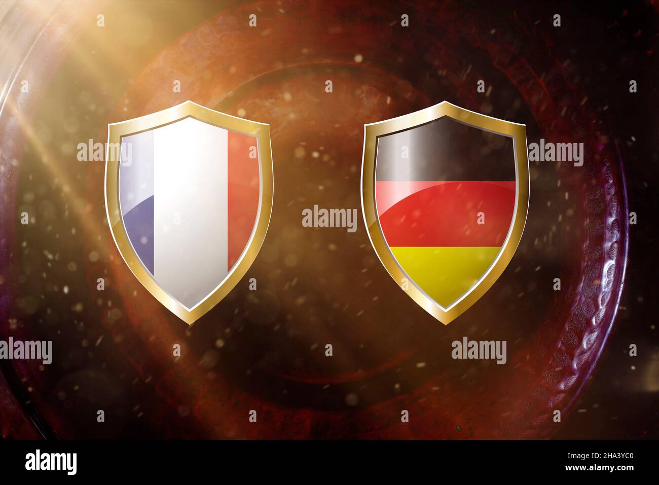 france and Germany flag in golden shield on copper texture background ...