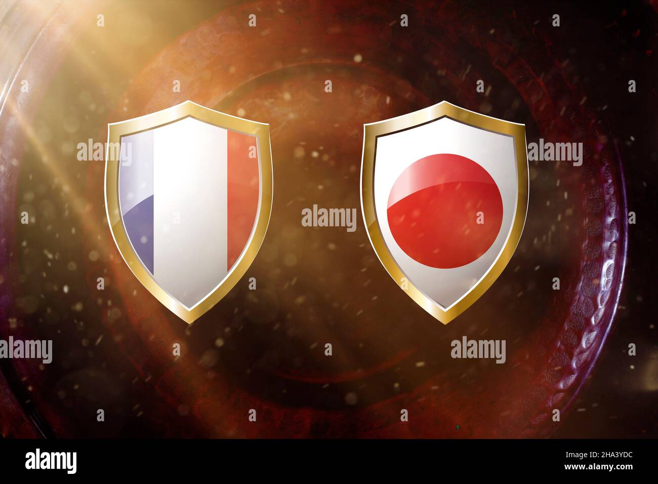 france and japan flag in golden shield on copper texture background.3d ...