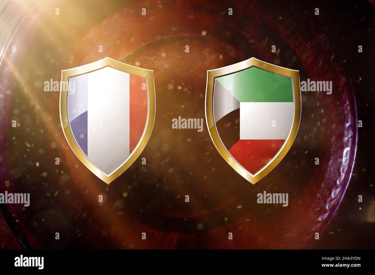 france and kuwait flag in golden shield on copper texture background.3d ...
