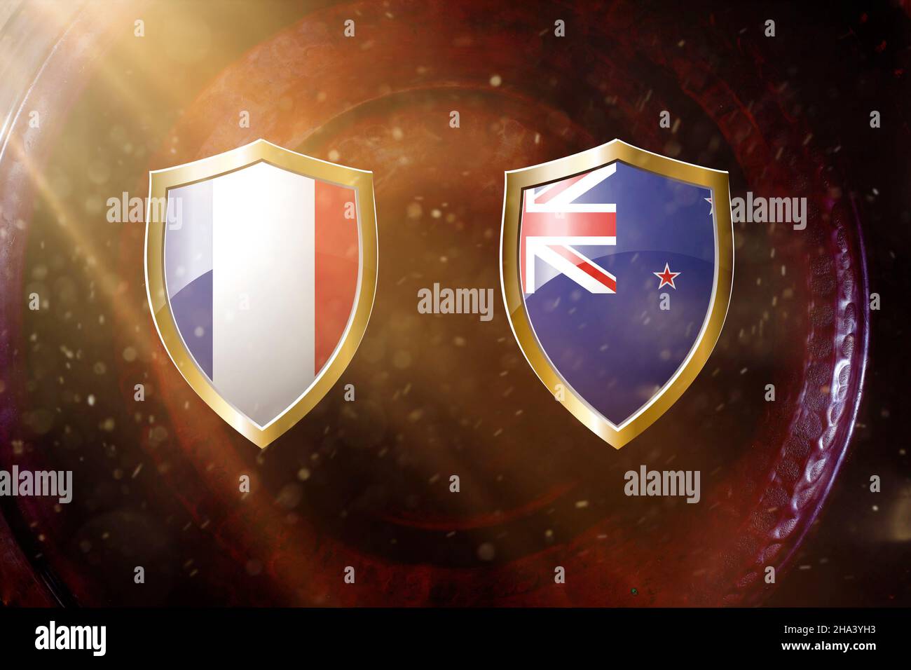 france and new zealand flag in golden shield on copper texture ...