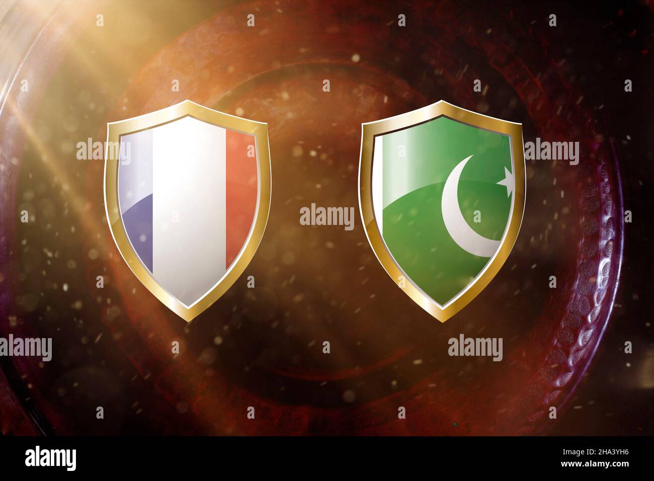 france and pakistan flag in golden shield on copper texture background ...