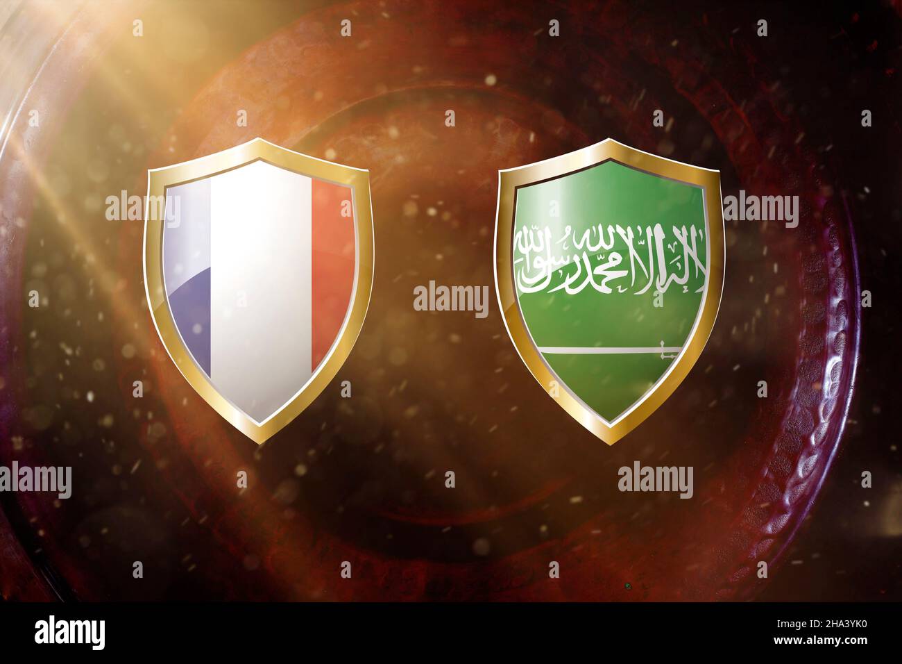 france and saudi Arabia flag in golden shield on copper texture ...