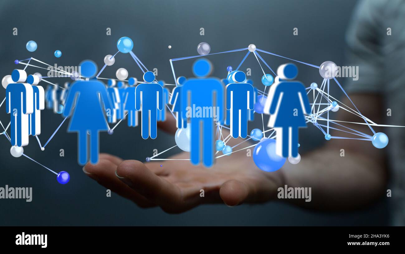 3D rendering of a group of floating people icons on a businessman's ...