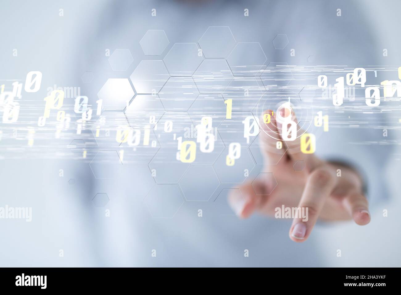 3D rendering of a businessman pointing on binary codes icons - digital ...