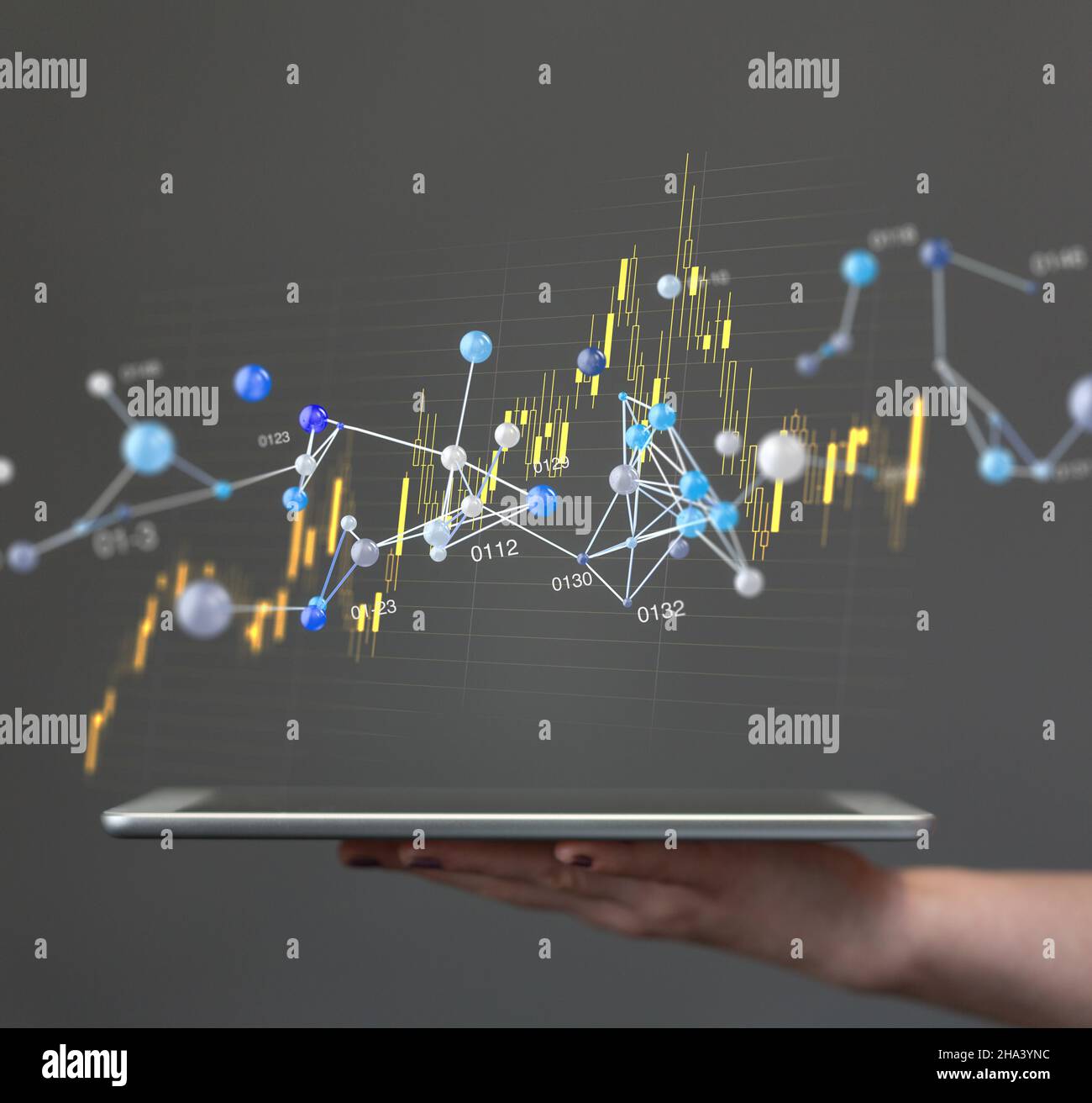 3D rendering of connecting digital lines floating on a tablet - Concept of communication Stock ...
