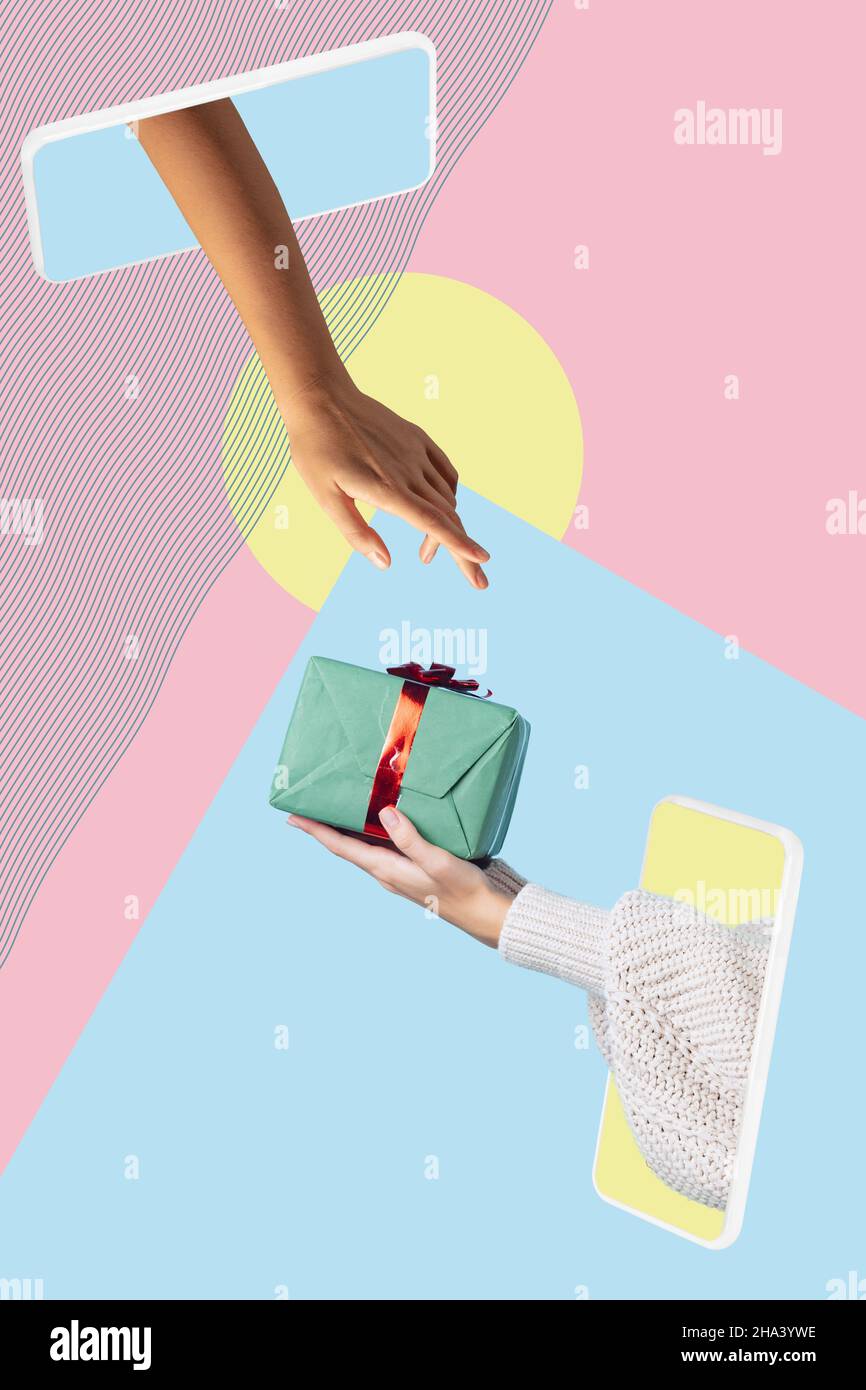Female hands sticking out tablet screen and exchange gifts isolated ...