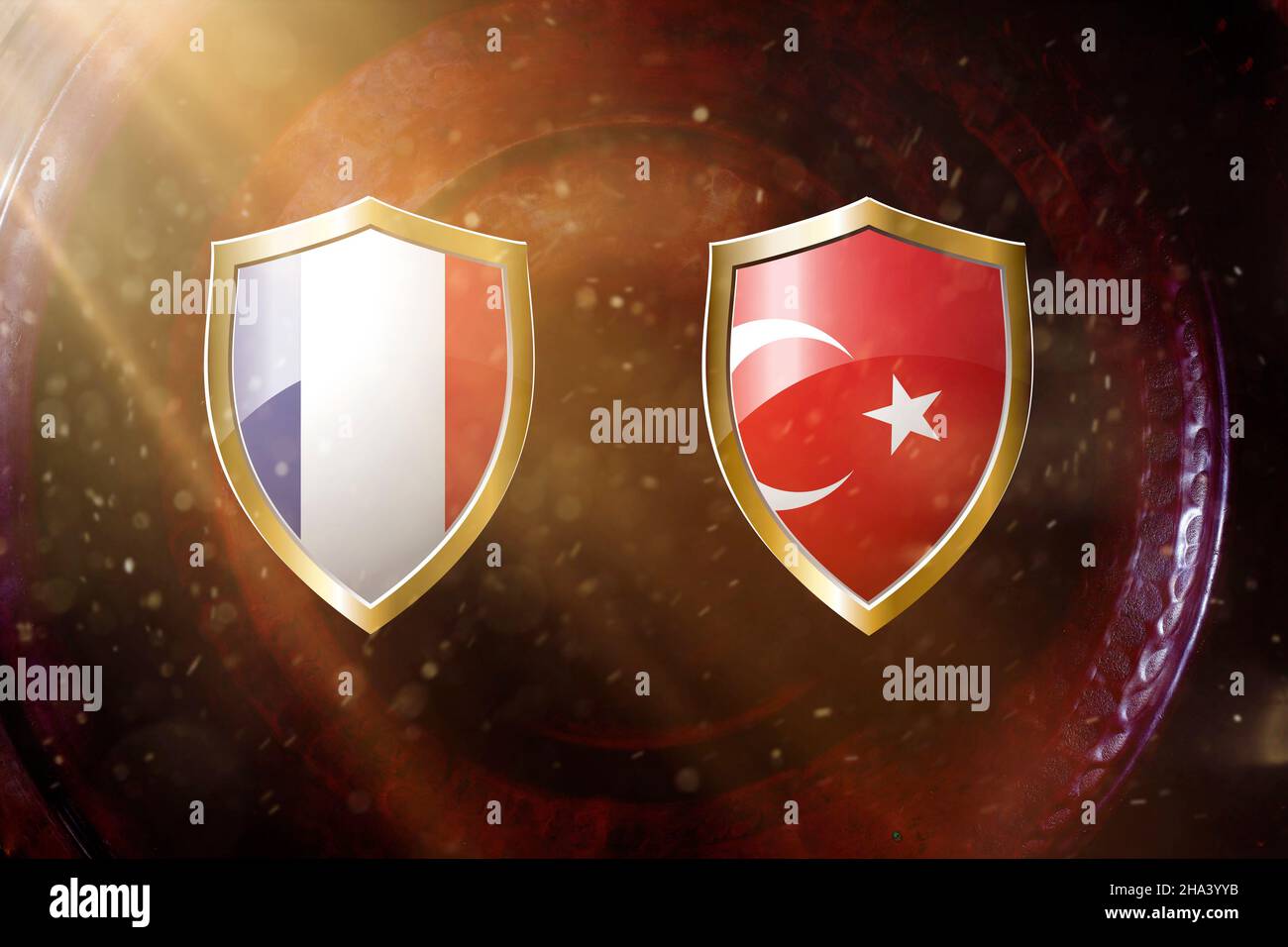 france and turkey flag in golden shield on copper texture background.3d ...