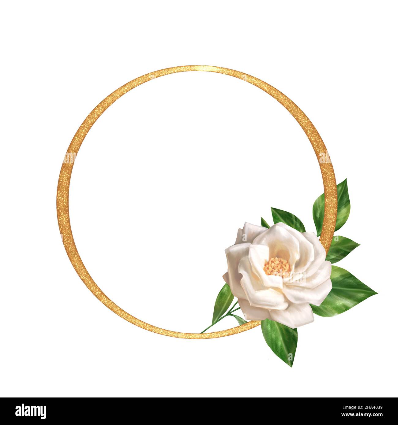 Golden round frame with white rose. Floral Wedding card decor Stock ...
