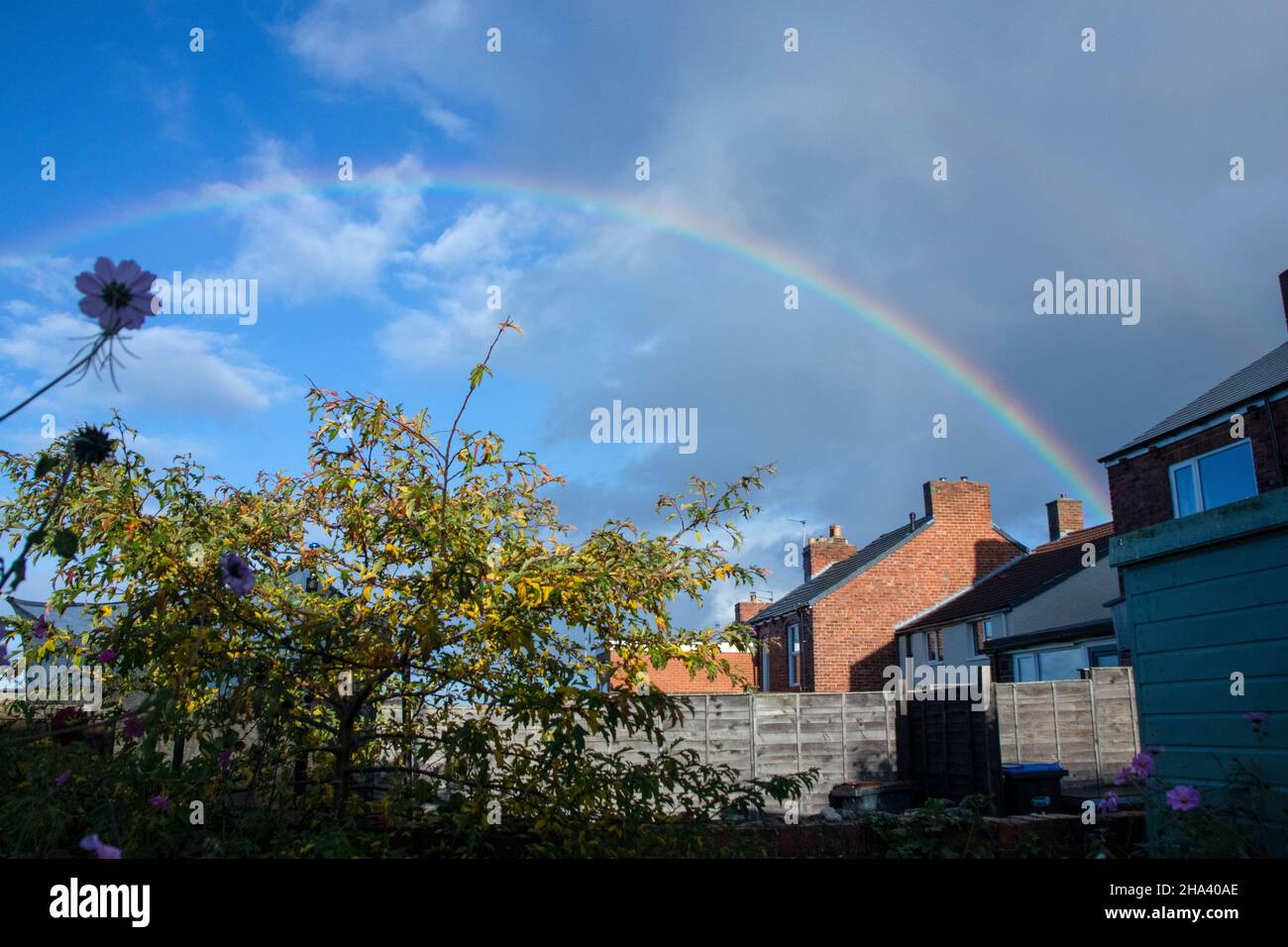 Rainbow over houses in County Durham Stock Photo - Alamy