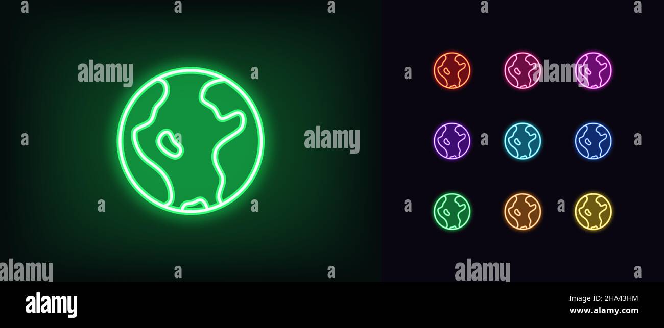 Outline neon world icon. Glowing neon earth sign, globe pictogram in ...