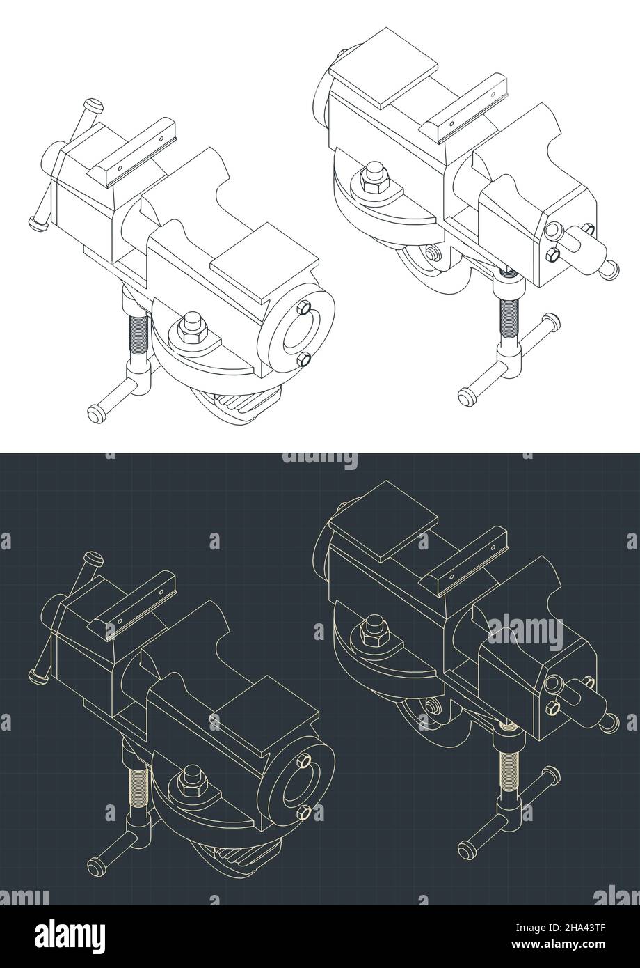 Stylized vector illustration of isometric blueprints of bench vice ...