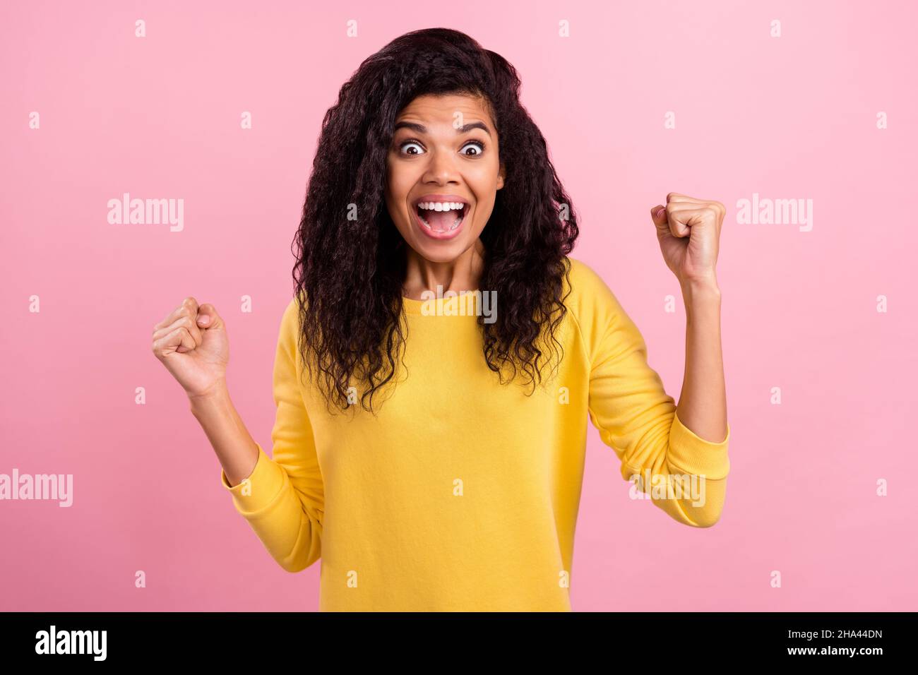 Photo of young african girl happy positive smile celebrate victory ...