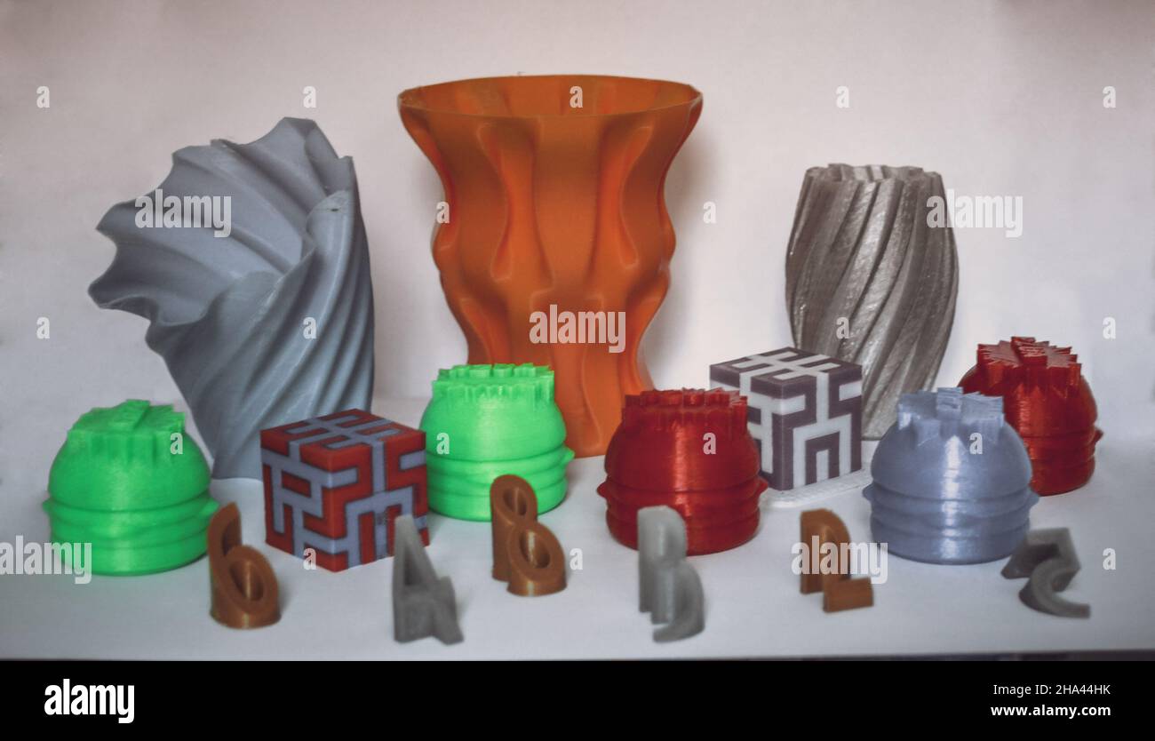 Models printed by 3d printer. Colorful objects printed 3d printer Stock ...