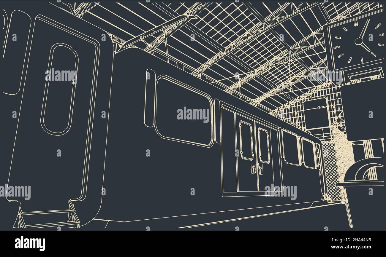 Stylized vector illustration of a retro train station with a train ...