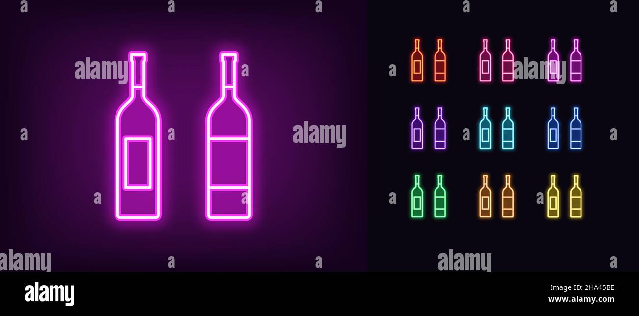 Outline neon wine bottle icon. Glowing neon wine shop sign, alcohol ...