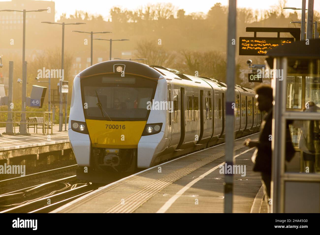 A Thameslink train passes through Rochester railway station in Kent ...