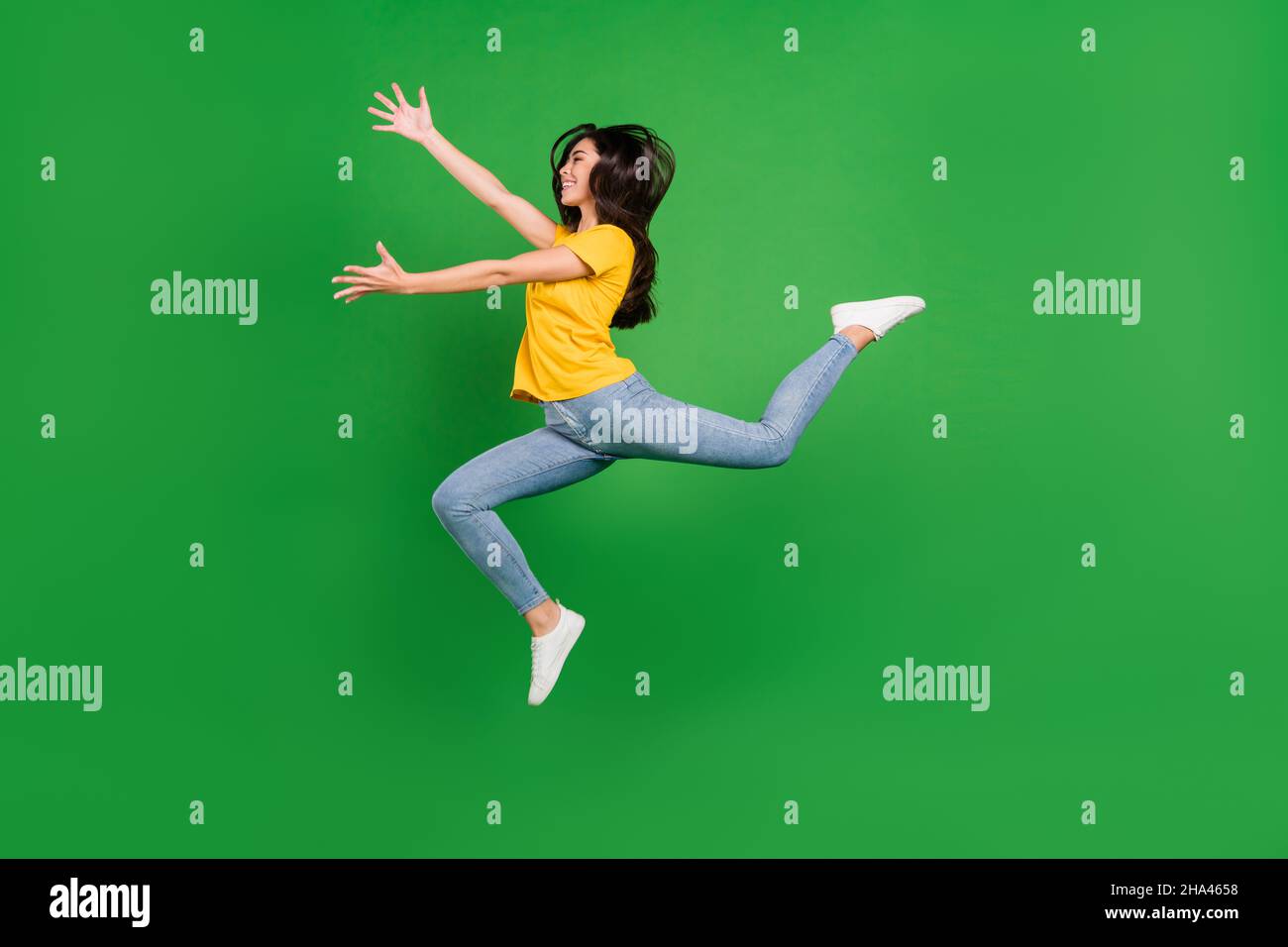 Full length body size side profile photo dreamy girl brunette jumping ...