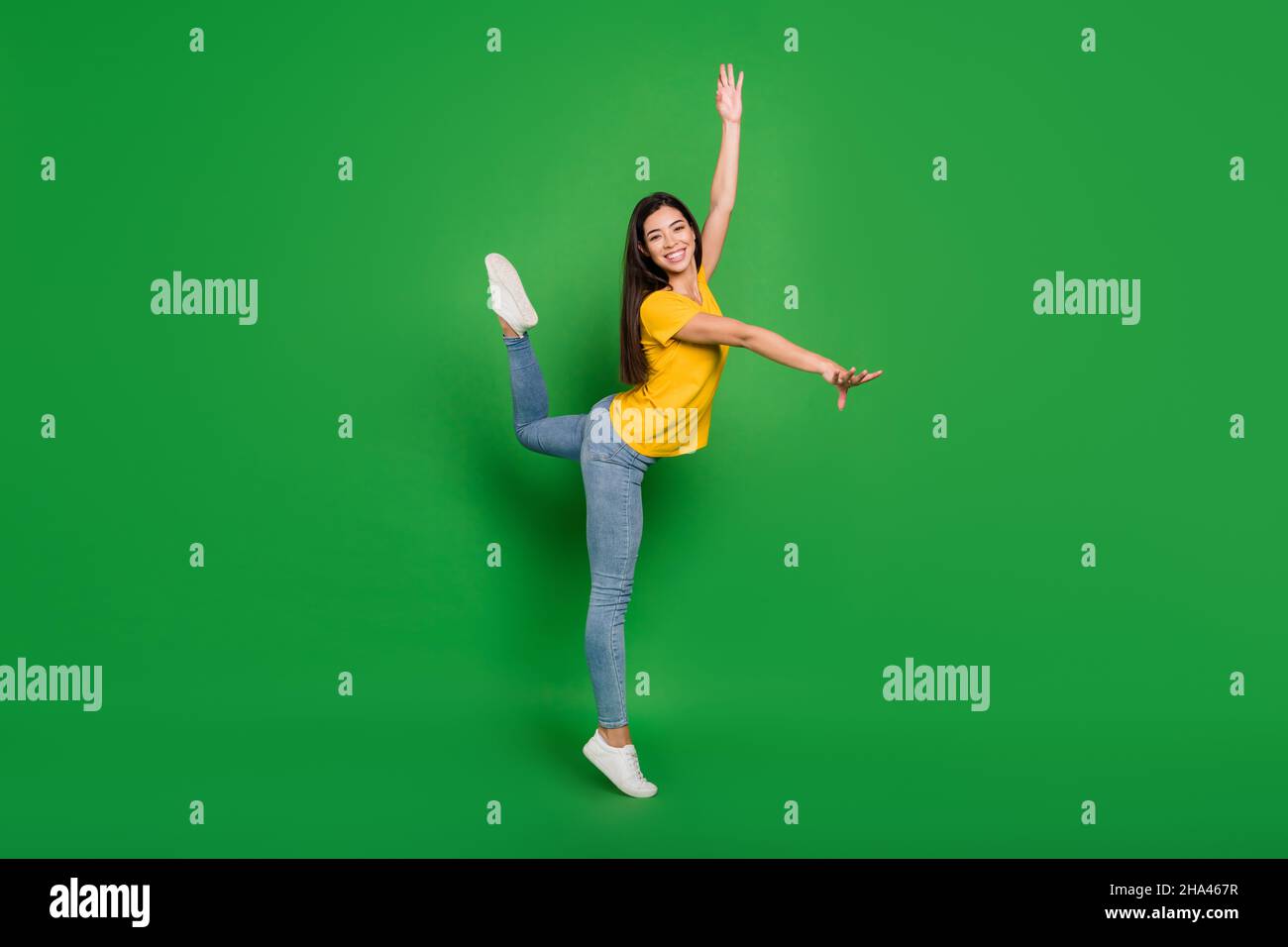 Full length body size side profile photo girl brunette dancing ballet ...