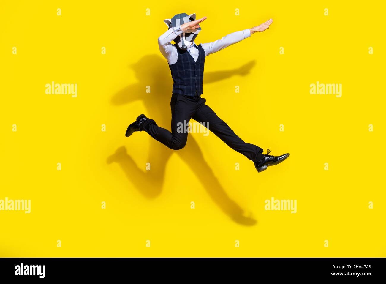 Full body photo of absurd surreal wacky guy racoon mask jump dance ...