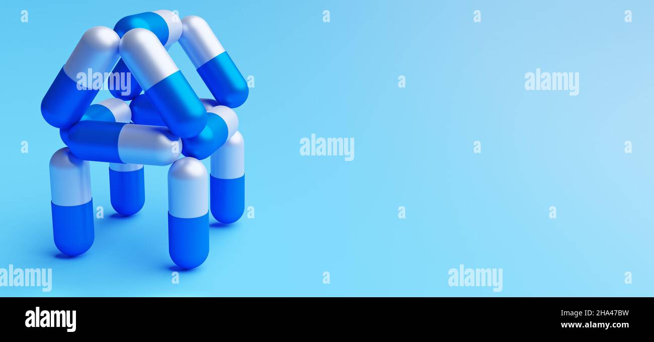 House from capsule pills with blank background. Medicine concept. 3d ...