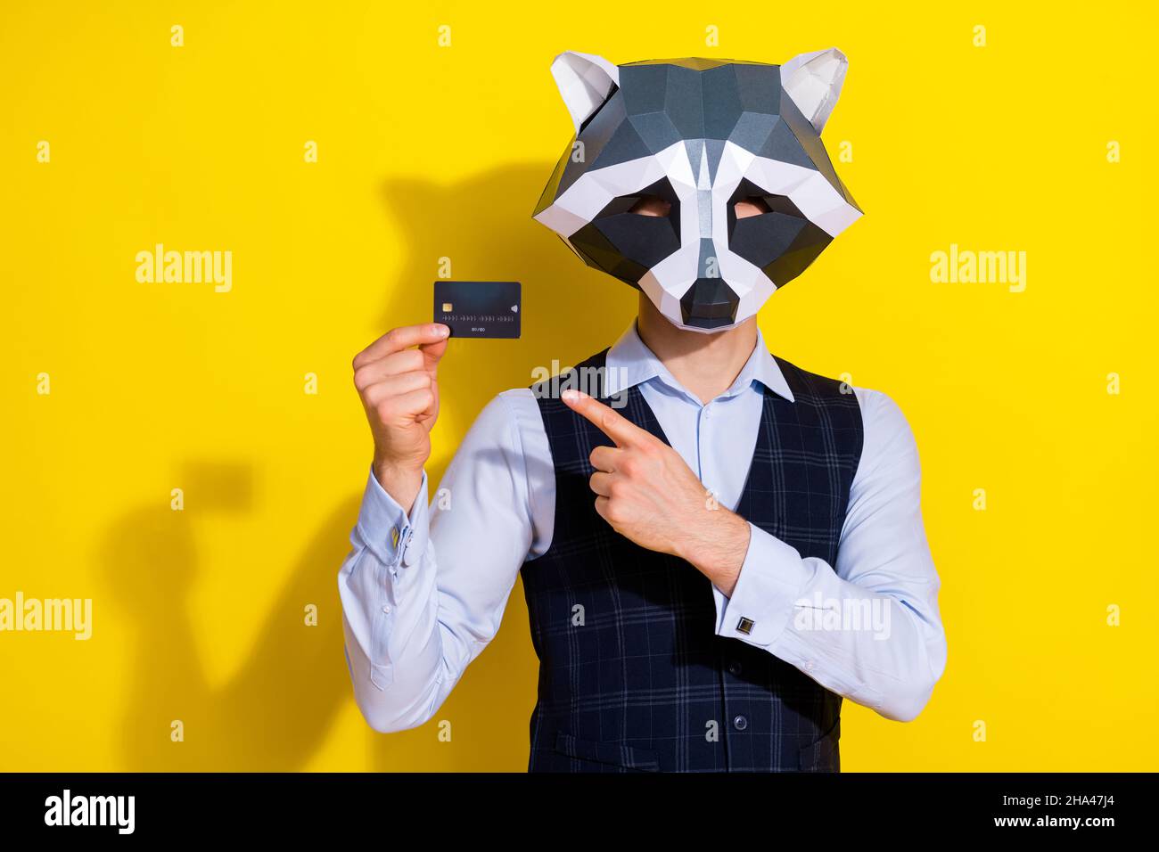 Photo of bizarre racoon mask guy hold point finger debit card choose ...
