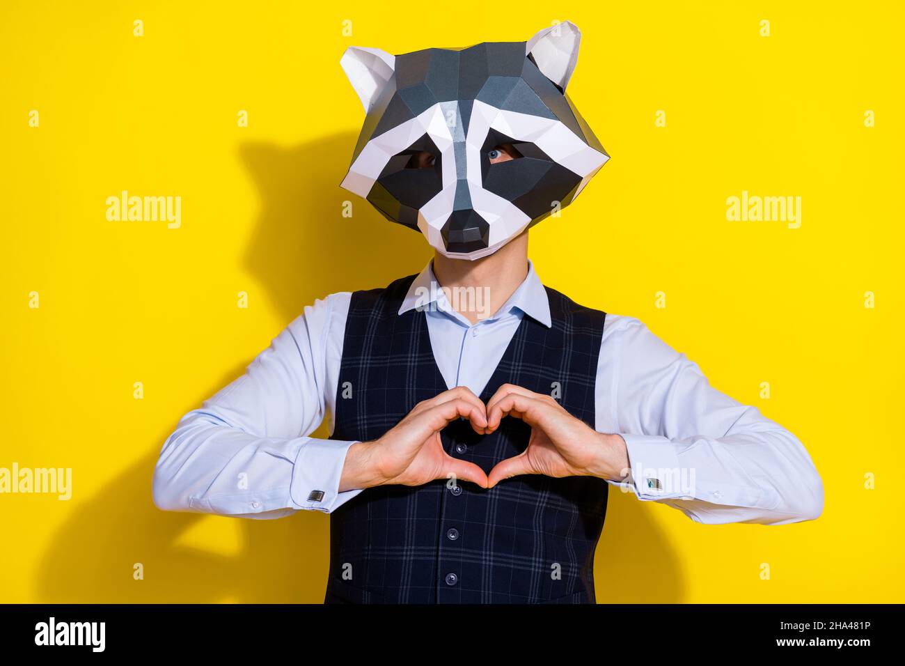 Photo of romantic guy show heart symbol date app ad concept wear ...