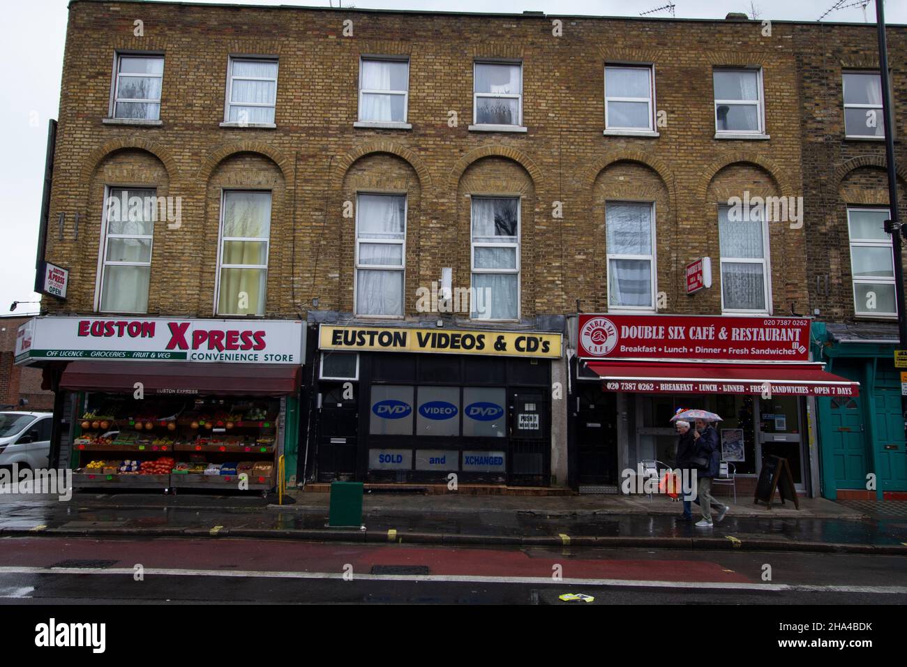 Row of shops including Euston videos and cds Euston Xpress, Double six ...
