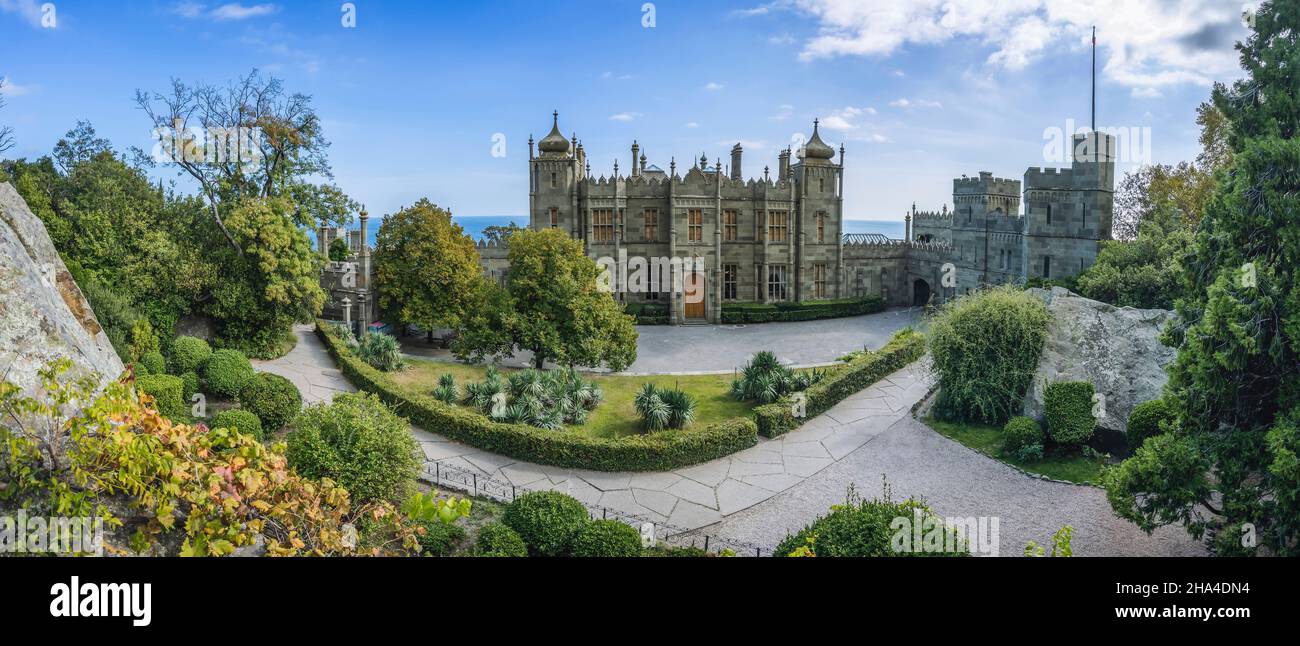 vorontsov palace in alupka,crimea. panoramic view of castle with blue ...