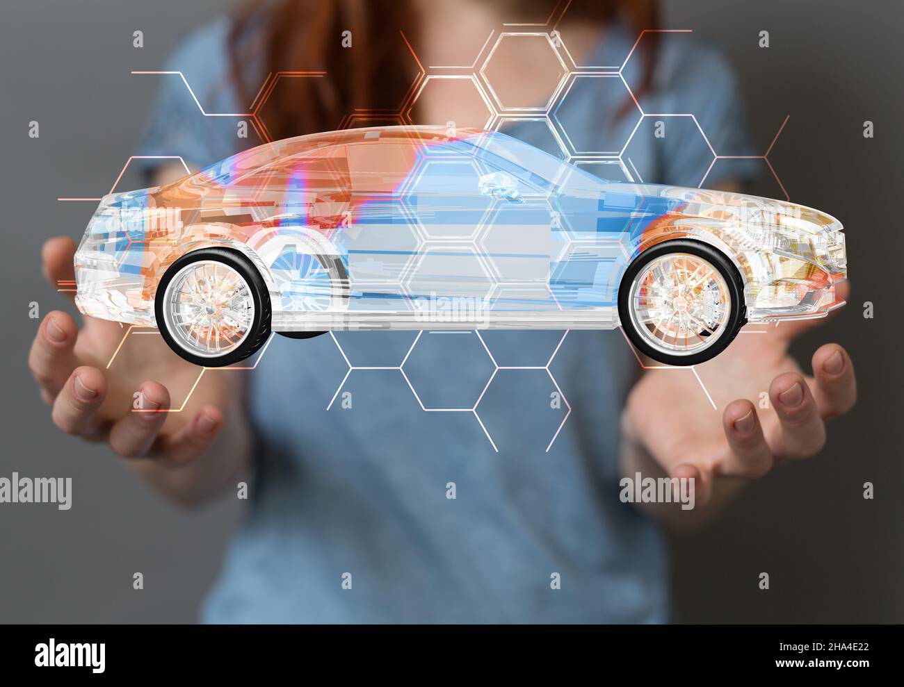 3D rendering of an autonomous driving electric car floating on a woman ...