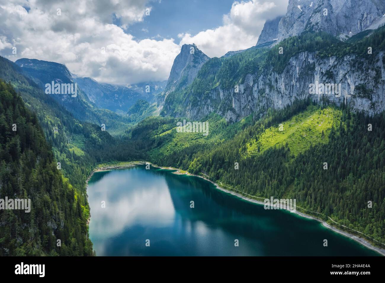 aerial view of gosau lake and dachstein summit mountain range and ...