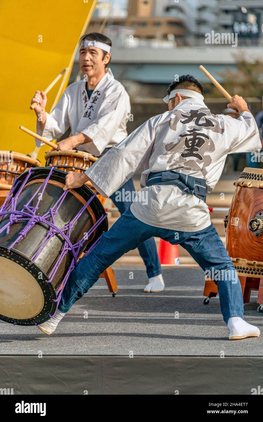 Traditional taiko drummers during a competition in Tokyo, Japan Stock ...