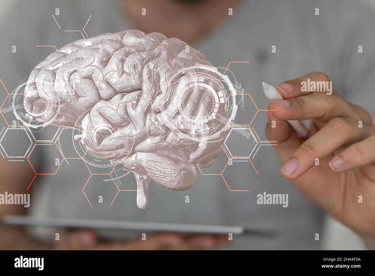 3D rendering of a man pointing at a white human brain icon - Artificial ...