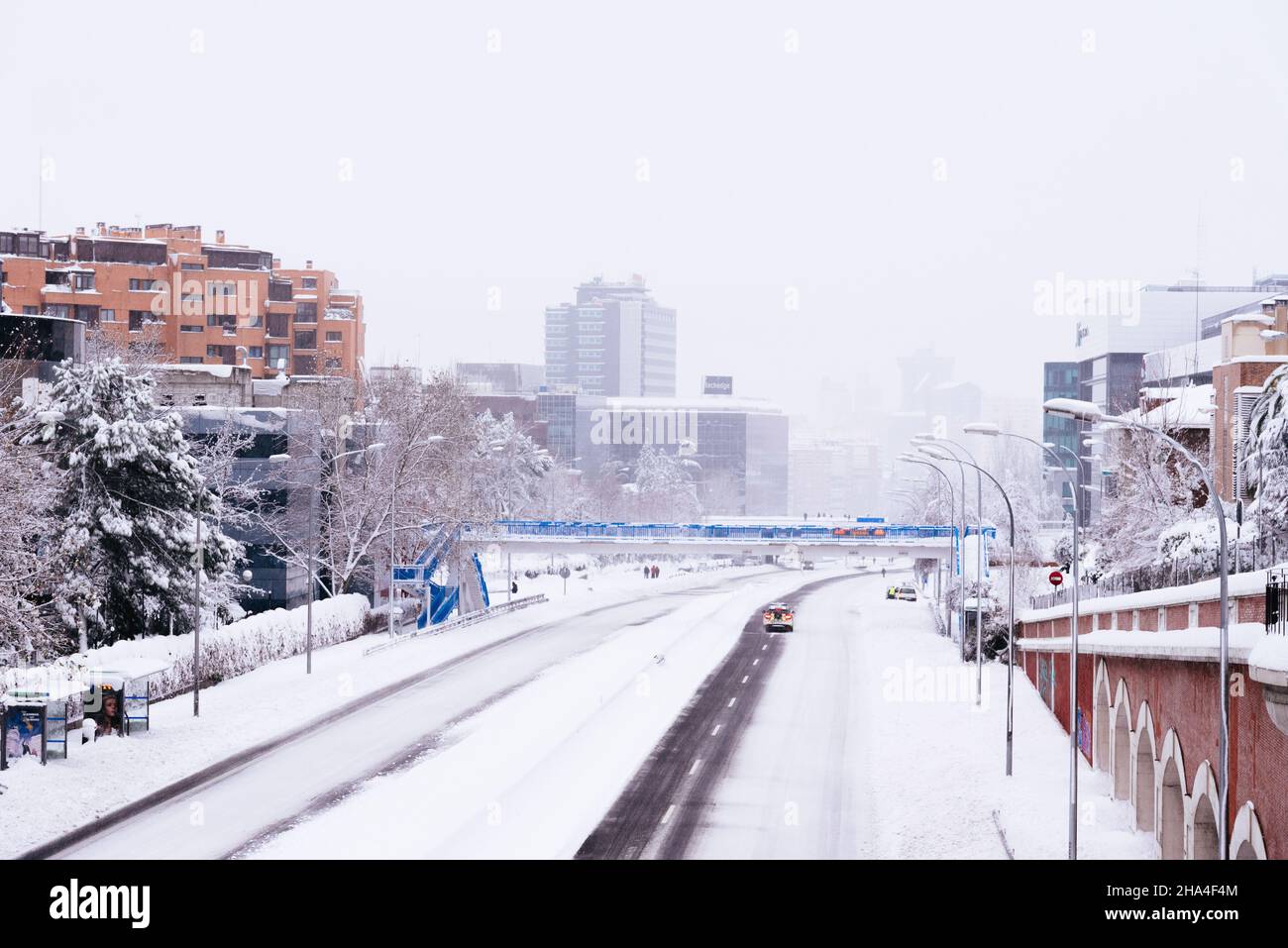 Madrid, Spain - January 9, 2021: N-II highway covered in snow with ...