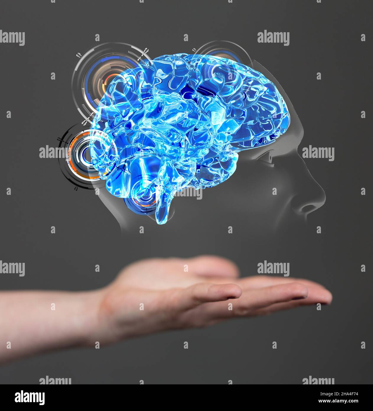 3D rendering blue human brain icon floating on man's hand - Artificial ...