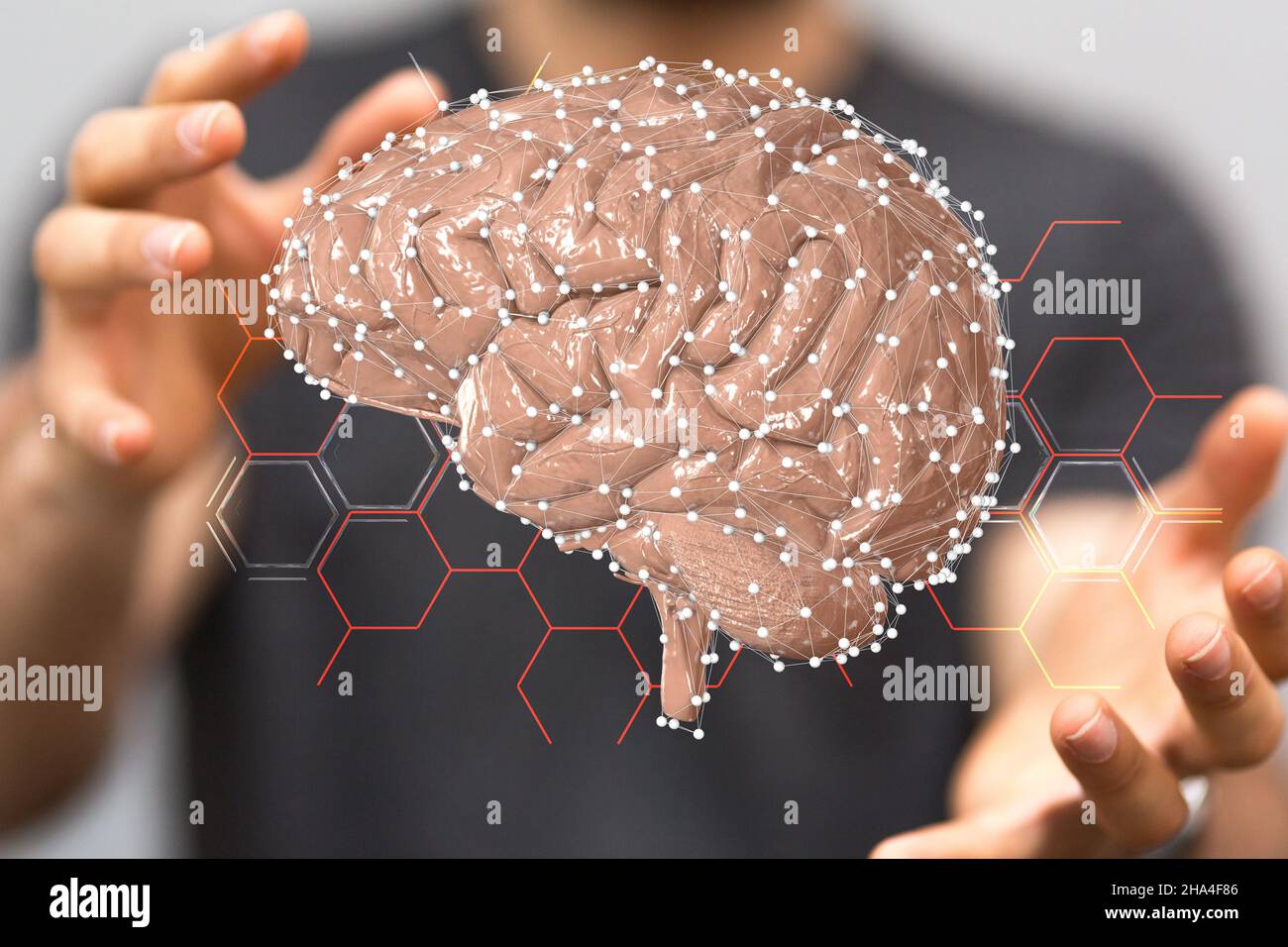 3D rendering of a human brain icon floating on man's hand - Artificial ...