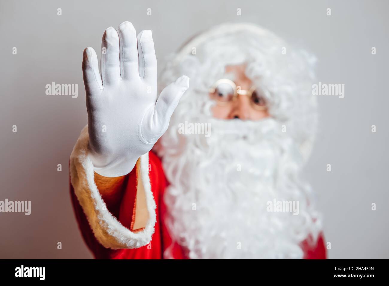 Santa Claus Holding His Hand Stretched Out Do Not Come Closer Stock