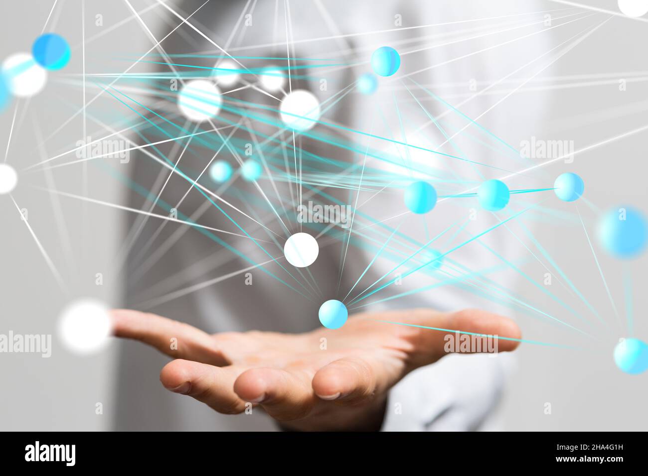 3D rendering of digital connections floating on a businesswoman's hand ...