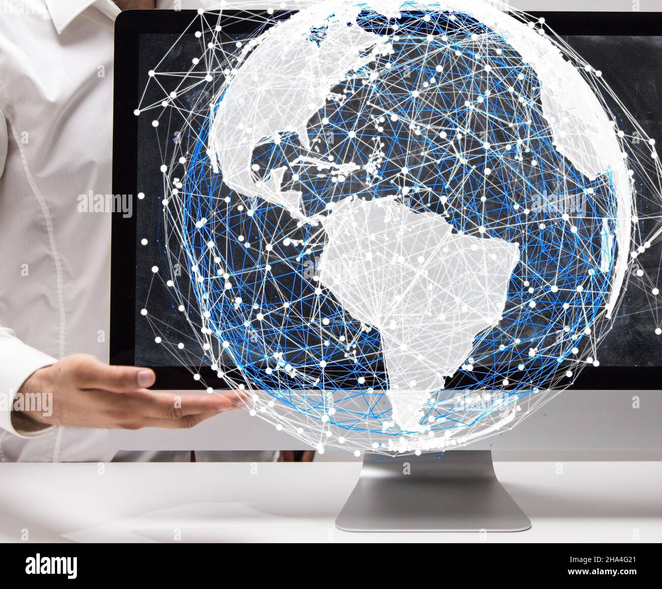 3D rendering of global digital connections floating on a businessman's ...
