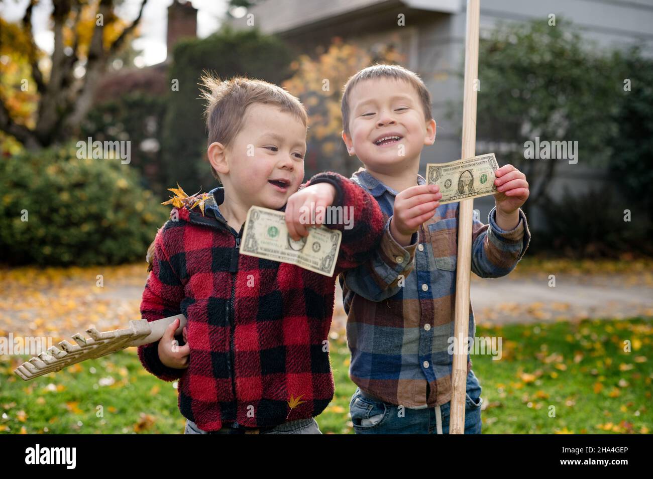 Two boys holding up money after doing yard work Stock Photo - Alamy