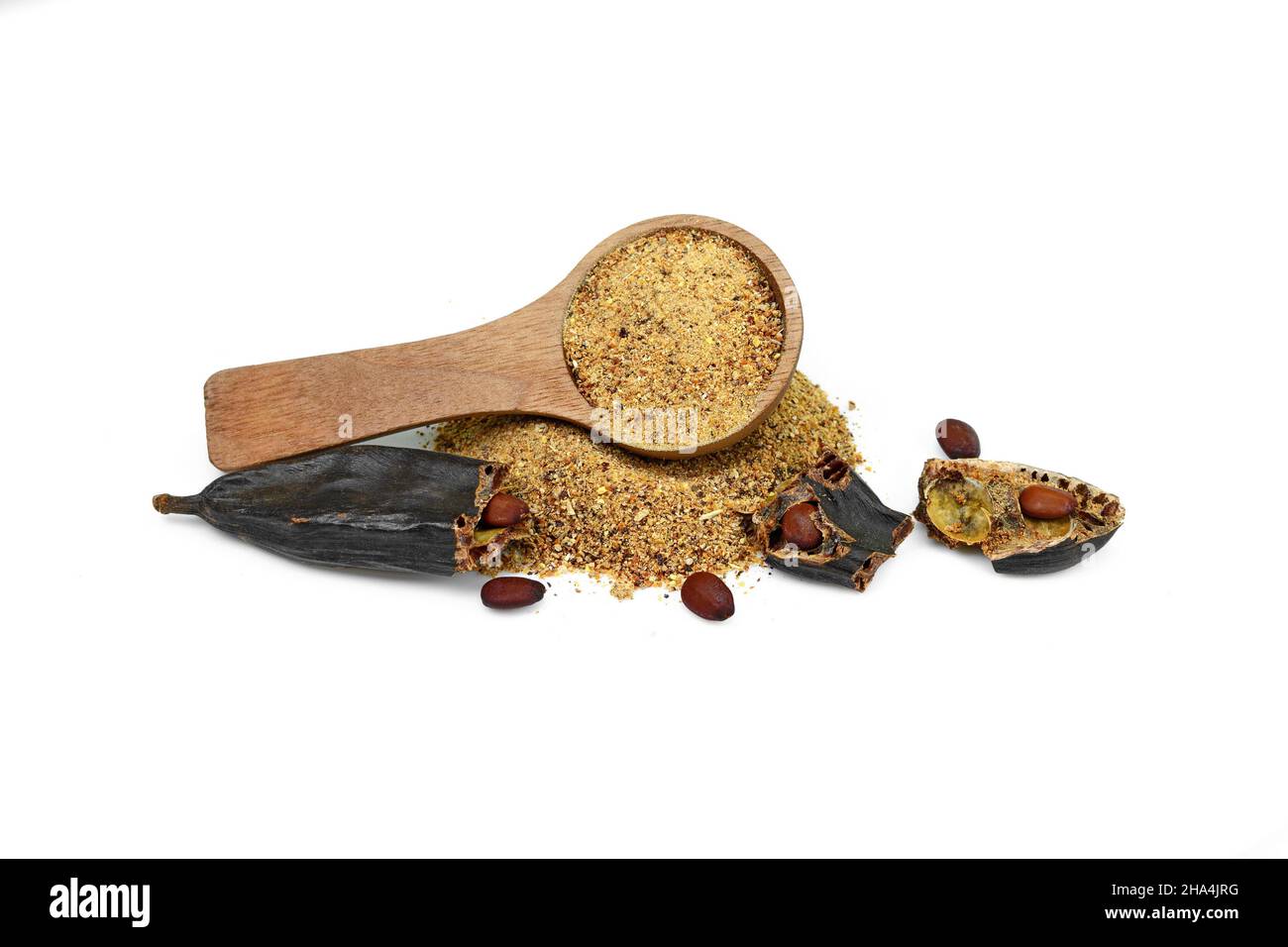 Carob. Ripe carob pods, seed and powder isolated on white background ...