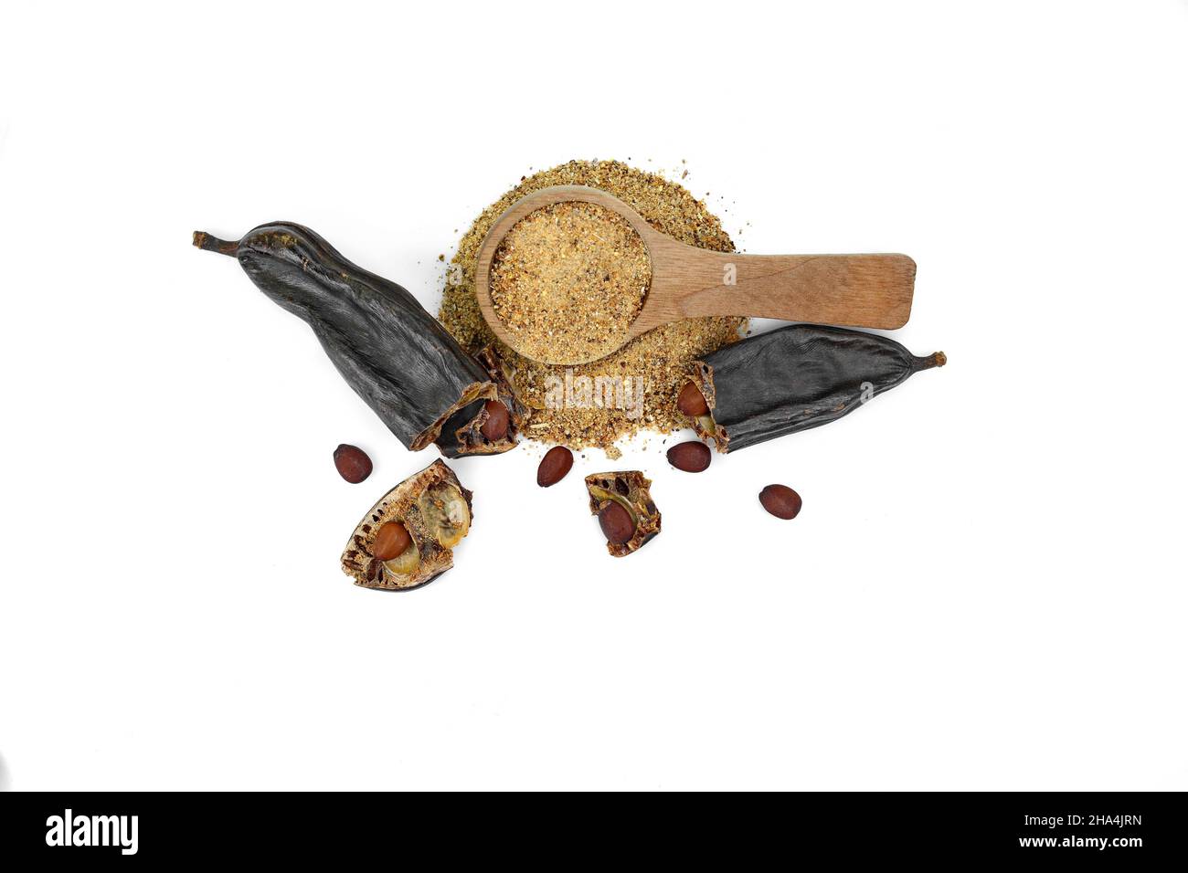 Carob. Ripe carob pods, seed and powder isolated on white background ...