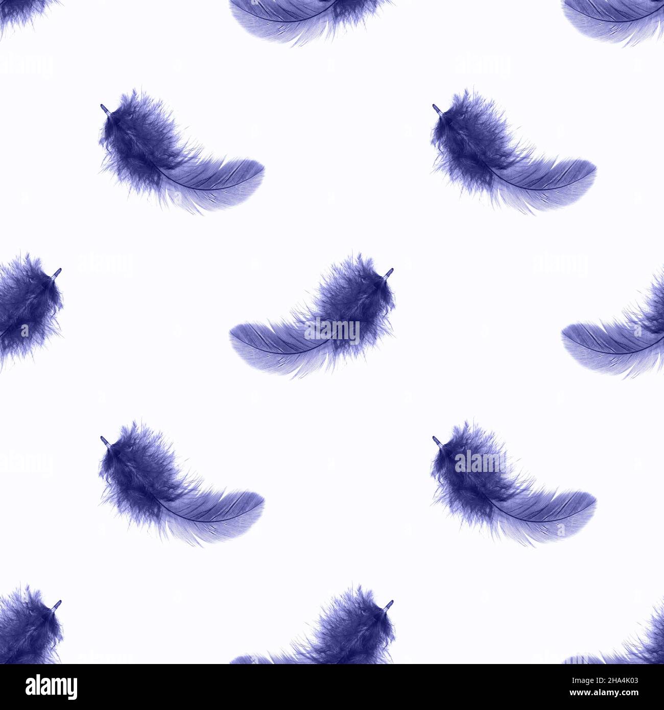 Blue Very Peri color bird feather repeat seamless pattern on light ...