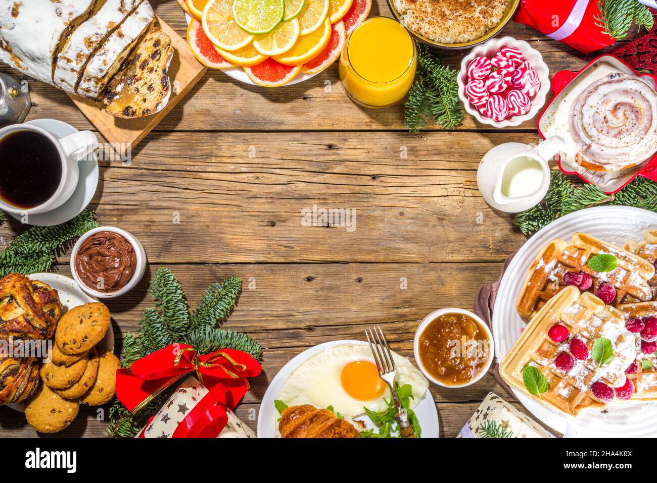Festive Christmas morning breakfast or brunch table, with traditional ...