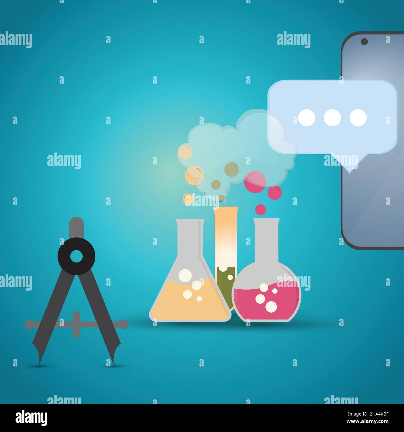 Compasses, chemistry bottles and smartphone, science and technology ...