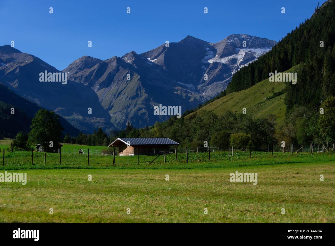 Green pasture landscape in front of a great mountain panorama on the ...